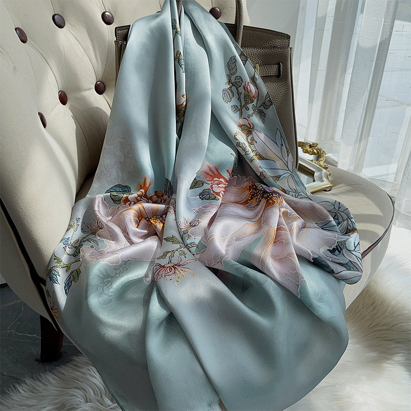 MG Silk Scarf Women's Mint Blue Plain Crepe Satin Long Multi-functional ...